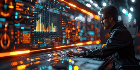 Futuristic Control Room With A Focused Analyst Working On Advanced Data