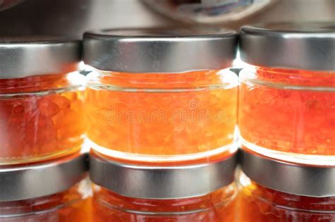 Small Glass Cans With Real Fish Salmon And Trout Caviar For Sale On