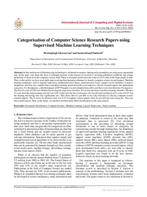 Pdf Categorisation Of Computer Science Research Papers Using Supervised Machine Learning
