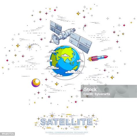 통신 위성 궤도 우주선 지구 우주선 우주 정거장 태양 전지 판 및 위성 안테나 접시 로켓 별 및 다른 요소와 함께 주위를 비행 벡터입니다 경외감에 대한 스톡 벡터 아트 및