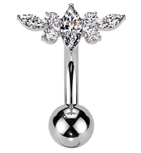 Marquise Half Crown Clear Cz Titanium Threadless Belly Button Ring