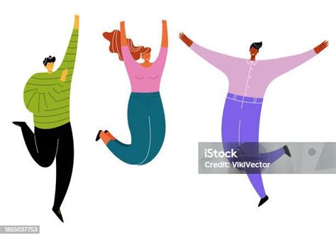 행복 만화 사람들 점프 기쁨 기쁨 남자와 여자 축하 승리 좋은 소식 벡터 플랫 긍정적인 감정 표현에 대한 스톡 벡터 아트 및