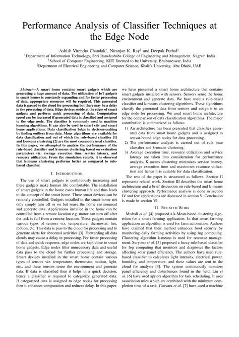 pdf performance analysis of classifier techniques at the edge node