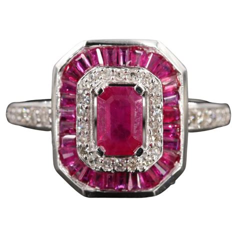 Customizable Emerald Cut Ruby Diamond Engagement Ring Art Deco Halo