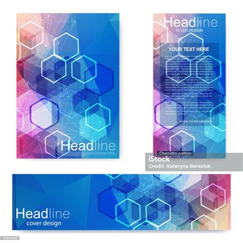 設置傳單 摺頁冊大小 A4 範本 橫幅分子結構與連接的線和點科學樣式原子去氧核糖核酸與元素為雜誌 傳單 蓋子 海報設計向量圖形及更多互聯網圖片