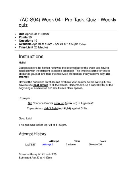 AC S Week Pre Task Quiz Weekly Quiz Ingles III AC S Week Pre Task Quiz