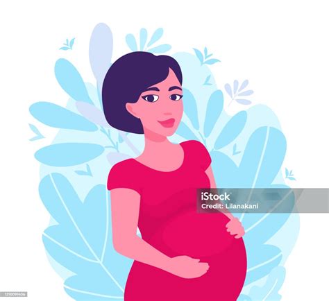 그녀의 손으로 그녀의 배를 들고 임신 한 여자 아기를 기다리는 어머니 꽃 배경 가공의 인물에 대한 스톡 벡터 아트 및 기타