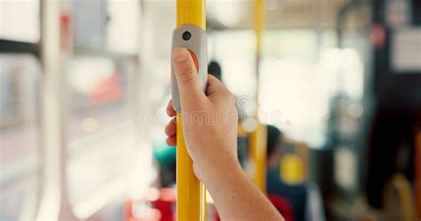 Button Hand And Public Transport With Passenger On Bus For Commute