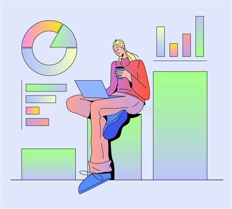 Vector Flat Illustration Of Female Character With Graphs And Data Stock