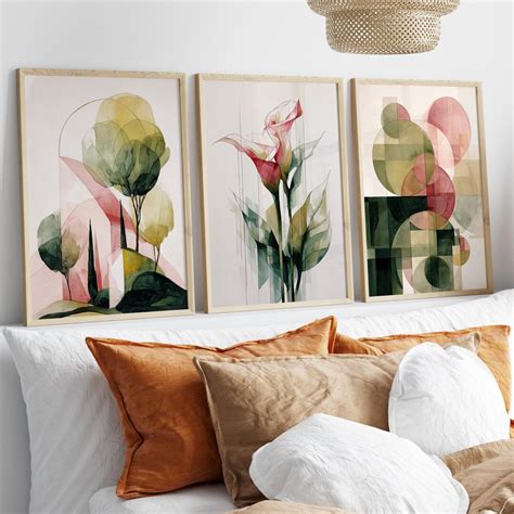 Abstract Boho Wall Art Set Of 3 Poster Or Canvas Print Pink Green