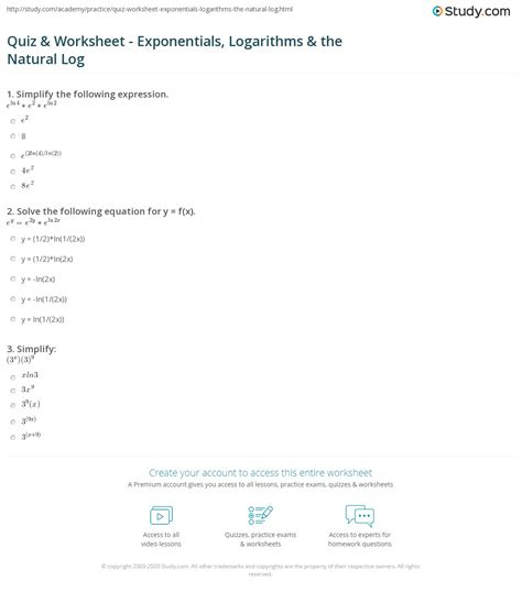 Quiz And Worksheet Exponentials Logarithms And The Natural Log