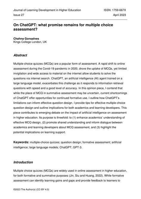 Pdf On Chatgpt What Promise Remains For Multiple Choice Assessment