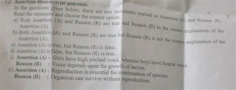 12 assertion reasoh type question in the questions given below there