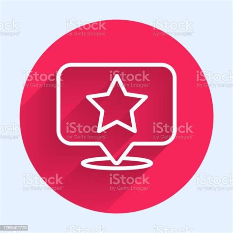 긴 그림자로 격리된 별 아이콘이 있는 흰색 선 맵 포인터입니다 별 좋아하는 핀 맵 아이콘 맵 마커 빨간색 원 버튼입니다 벡터 일러스트레이션 개념 실재론에 대한 스톡 벡터