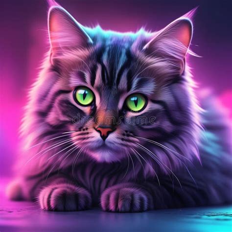 Siberian Cat With Green Eyes In Neon Light Stock Illustration Illustration Of Young Pretty