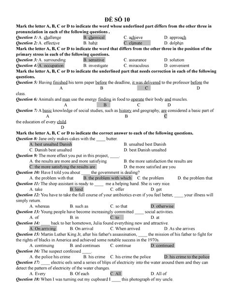 ĐỀ SỐ ĐỀ SỐ ĐỀ SỐ Mark the letter A B C or D to indicate