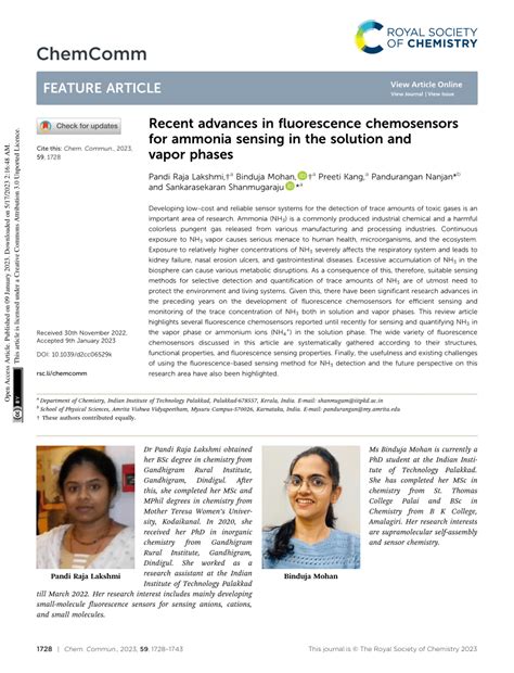 Pdf Recent Advances In Fluorescent Chemosensors For Ammonia Sensing In The Solution And Vapor