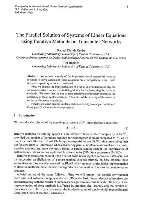 Pdf The Parallel Solution Of Systems Of Linear Equations Using