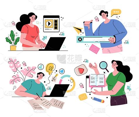 在线互联网活动商务教育研究信息。人物人物抽象设定。现代风格的平面卡通插图素材 花瓣网