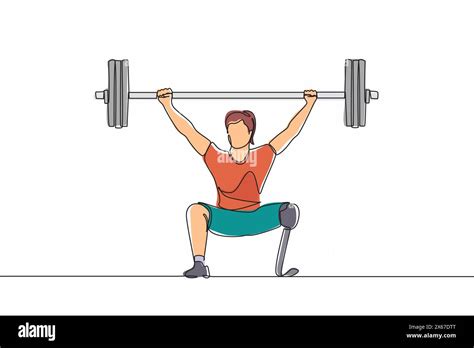 Single Continuous Line Drawing Disabled Woman Weightlifter With