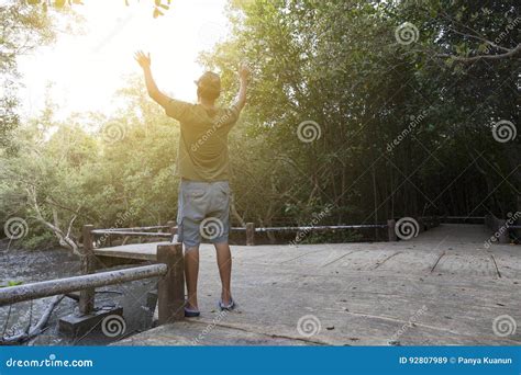 Alone Man Raised Both Hands Up Pray For Blessings To God In Fore Stock