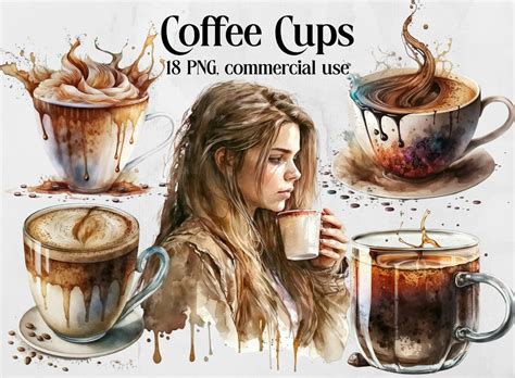 Watercolor Coffee Clip Art Coffee Cup Clipart Bundle Coffee Mug Png
