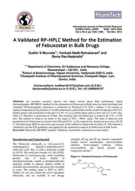 PDF A Validated RP HPLC Method For The Estimation Of Febuxostat In Bulk Drugs