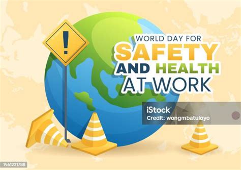 4월 28일 직장에서 세계 안전보건의 날 웹 배너 또는 랜딩 페이지 템플릿에 대해 손으로 그린 평면 만화에 정비사 도구가 있는 그림 건강한 생활방식에 대한 스톡 벡터 아트