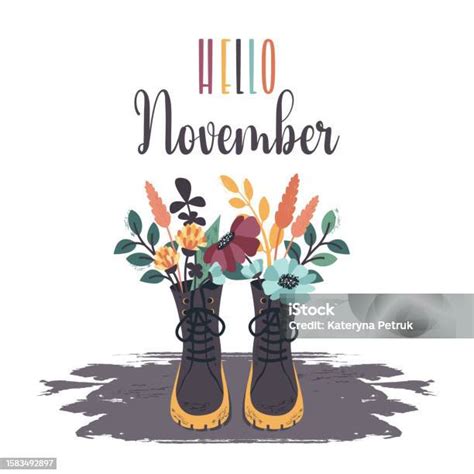 계절 부츠에 가을 꽃 검은 신발에 손으로 그린 낙서 꽃 요소 가을 꽃다발 나뭇잎 레터링 초대장 인사말 카드 소셜 미디어 포스트를 위한 벡터 플랫 일러스트레이션 고무장화에