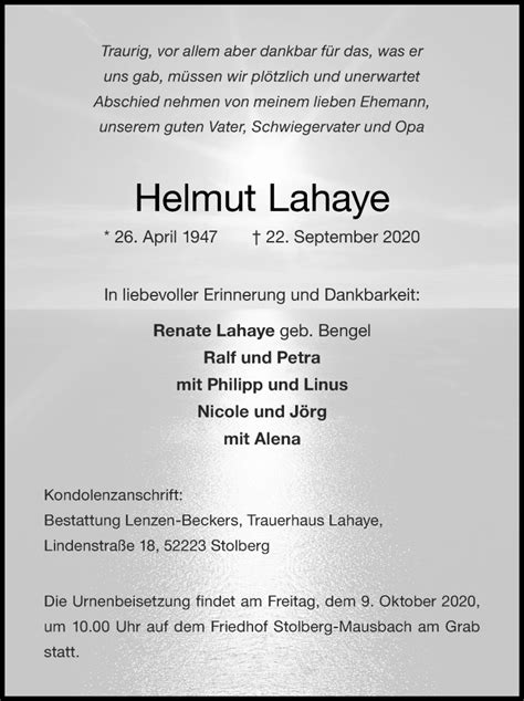 Traueranzeigen Von Helmut Lahaye Aachen Gedenkt