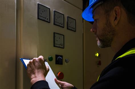 헬멧과 경고 조끼를 입은 작업자는 기계에 미터기를 제어하고 종이에 씁니다 전기 산업 유지 보수 배경 건설 산업에 대한 스톡 사진 및 기타 이미지 Istock