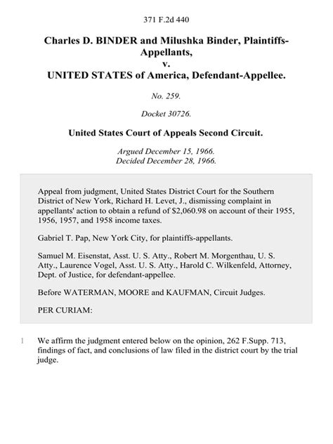 Charles D Binder And Milushka Binder V United States 371 F 2d 440 2d Cir 1966 Pdf