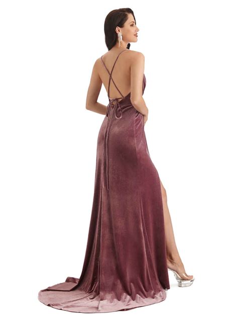 Sexy Mermaid Spaghetti Straps Backless Velvet Side Slit Long Bridesmaid