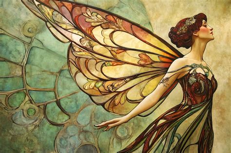 Woman With Stained Glass Wings Art Deco Style Premium Ai Generated Image