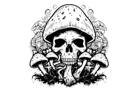 Premium Vector Human Skull With Mushrooms In Woodcut Style Vector