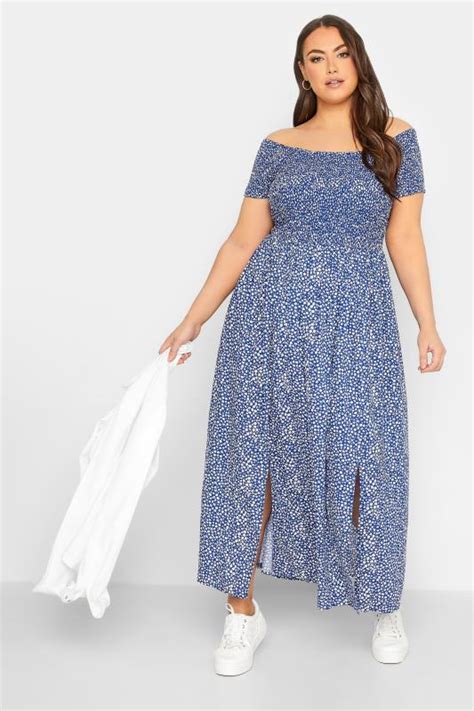 Yours Plus Size Cobalt Blue Ditsy Print Shirred Bardot Maxi Dress Yours Clothing