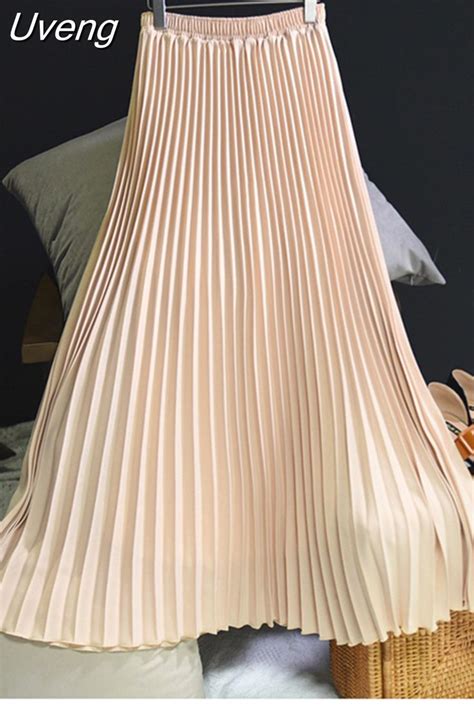 Uveng Womens Fashion Pleated Midi Long Skirt Female Korean Japanese