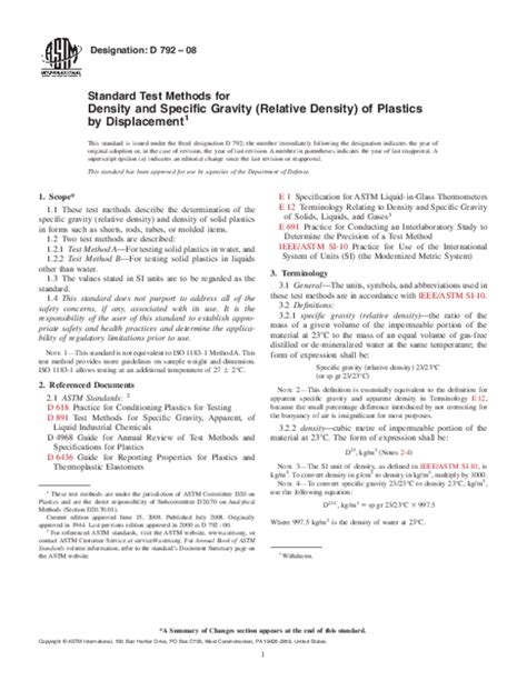 Pdf Standard Test Methods For Density And Specific Gravity Relative Density Of Plastics By