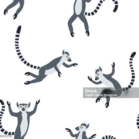 긴 줄무늬 꼬리와 이국적인 마다가스카르 여우원숭이 손으로 그린 벡터 원활한 패턴 여우원숭이류에 대한 스톡 벡터 아트 및 기타 이미지 여우원숭이류 귀여운 꼬리 Istock