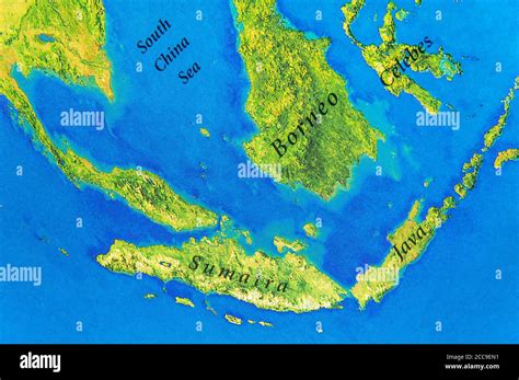 Geographic Map Of Java Sumatra Celebes And Borneo Islands Stock Photo