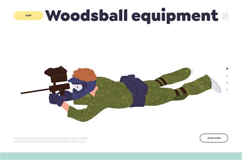 익스트림 스포츠 도구를 제공하는 온라인 상점을 위한 Woodsball 장비 랜딩 페이지 디자인 템플릿 Brand Name Video Game에 대한 스톡 벡터 아트 및 기타