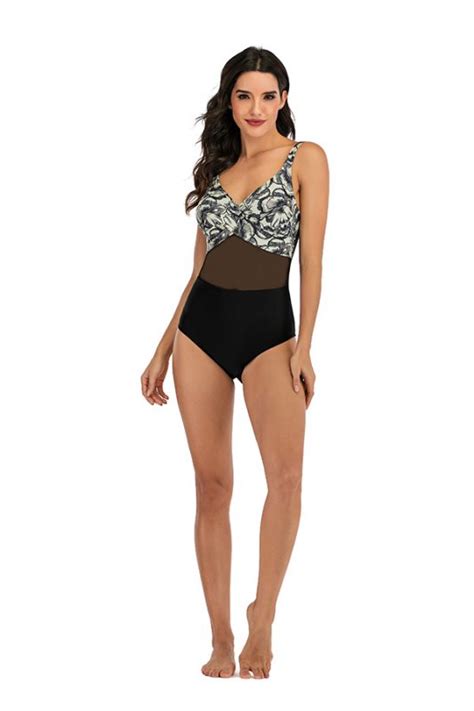 Sheer One Piece Swimsuit With Printed And Mesh Design