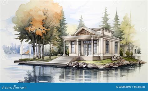Luxurious Neoclassical Tiny Home Design With Lake View Balcony Stock