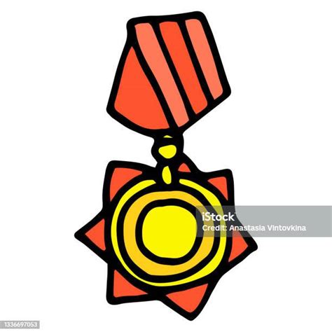 빨간 리본에 벡터 라운드 금메달은 승리의 상징이다 낙서 스타일의 검은 윤곽이있는 손으로 그린 빨간 리본 흰색 배경에 낙서 스타일의 별 장식이있는 둥근 금 주문 1위에 대한