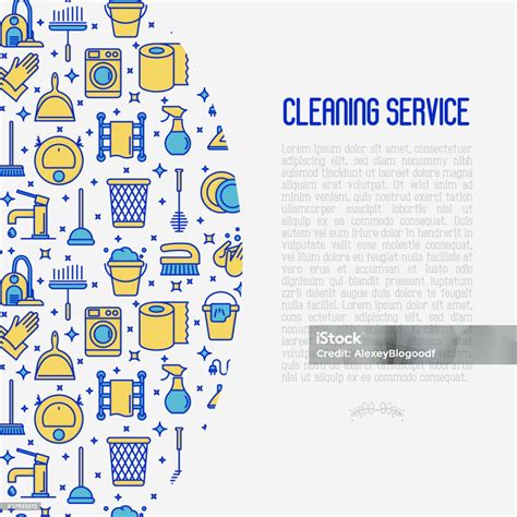 얇은 선 아이콘으로 청소 서비스 개념 철 세탁기 로봇 청소기 브러시 및 가계에 대 한 다른 액세서리 배너 웹 페이지 인쇄 매체에 대 한 벡터 일러스트 가구에 대한 스톡 벡터