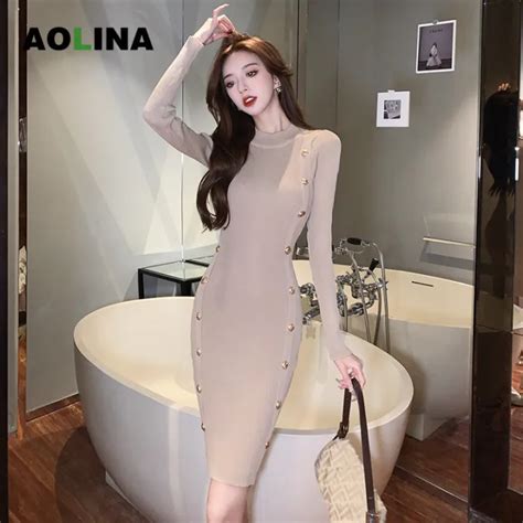 Aolina ฤดูใบไม้ร่วงและฤดูหนาวของผู้หญิงครึ่งคอสูงสไตล์ตะวันตกปุ่มอเนกประสงค์รังดุมชุดถักบาง