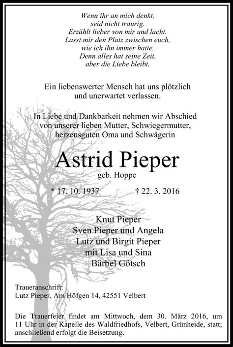 Traueranzeigen Von Astrid Pieper Trauer In Nrw De