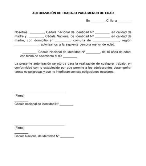 Autorización De Trabajo Para Menores De Edad Modelo