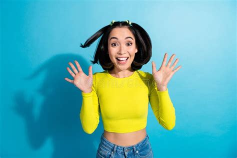 Photo Of Funky Japanese Crazy Positive Girl Palms Up Surprise
