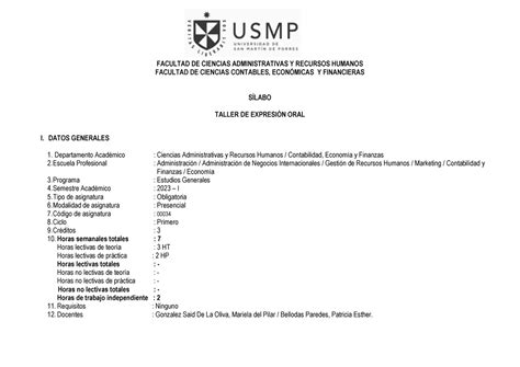 Sílabo 2023 Taller De Expresión Oral Facultad De Ciencias